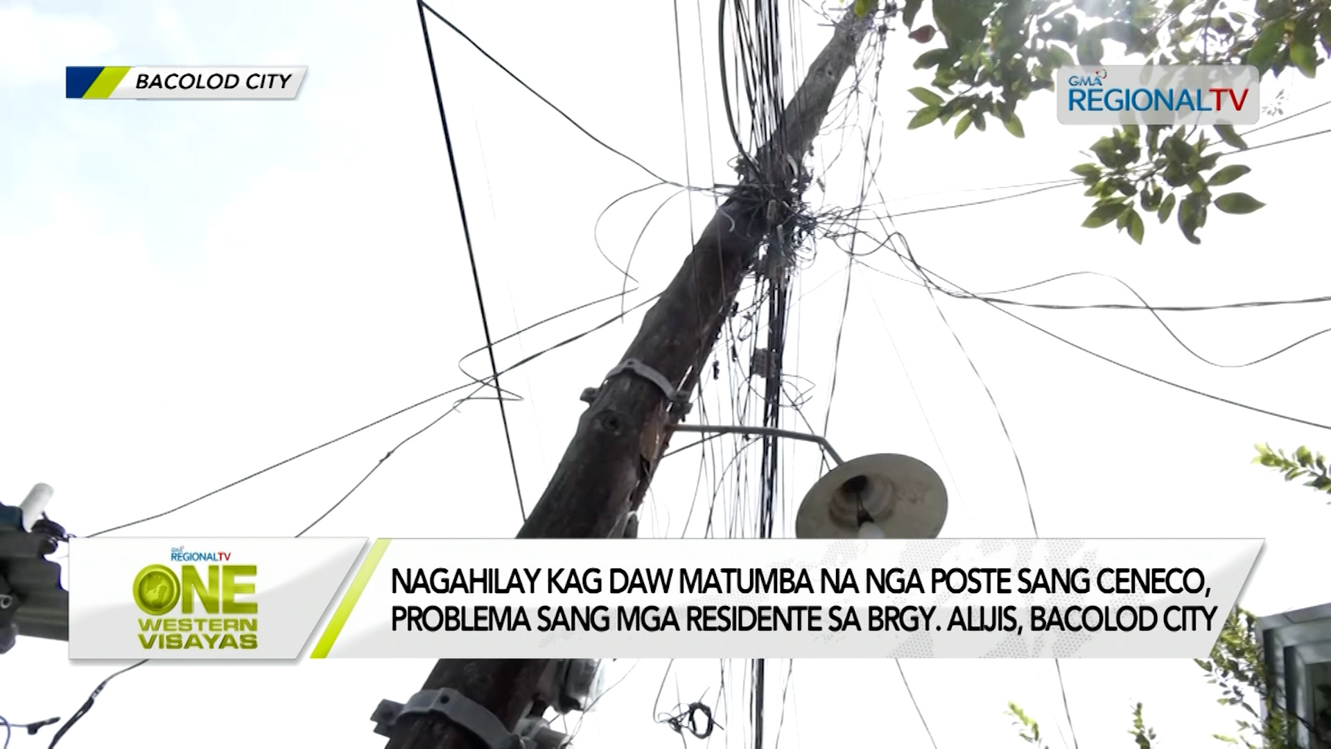 Nagahilay kag daw matumba nga poste sang CENECO sa Brgy. Alijis, Bacolod City