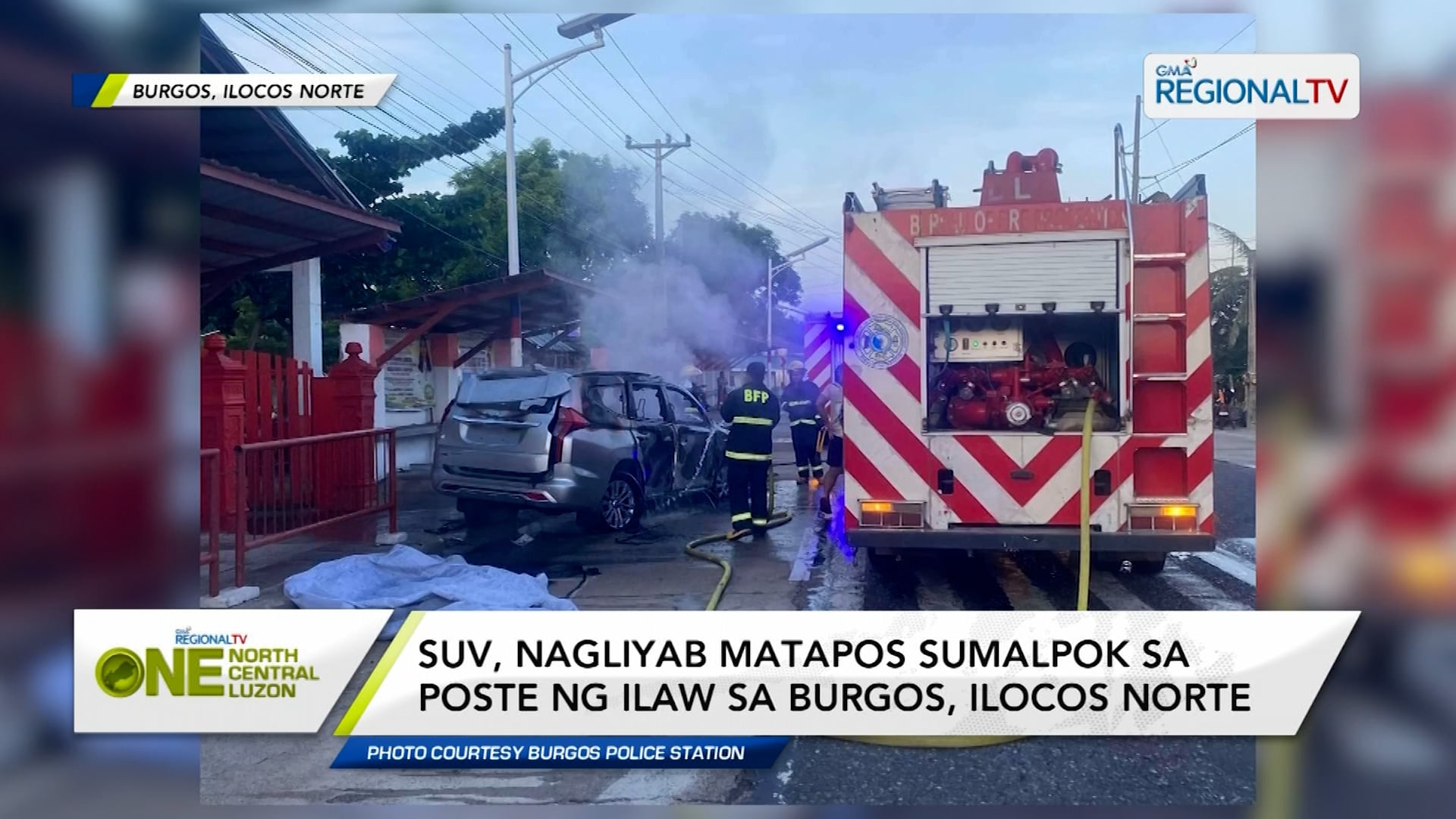 SUV, nagliyab matapos sumalpok sa poste ng ilaw sa Ilocos Norte
