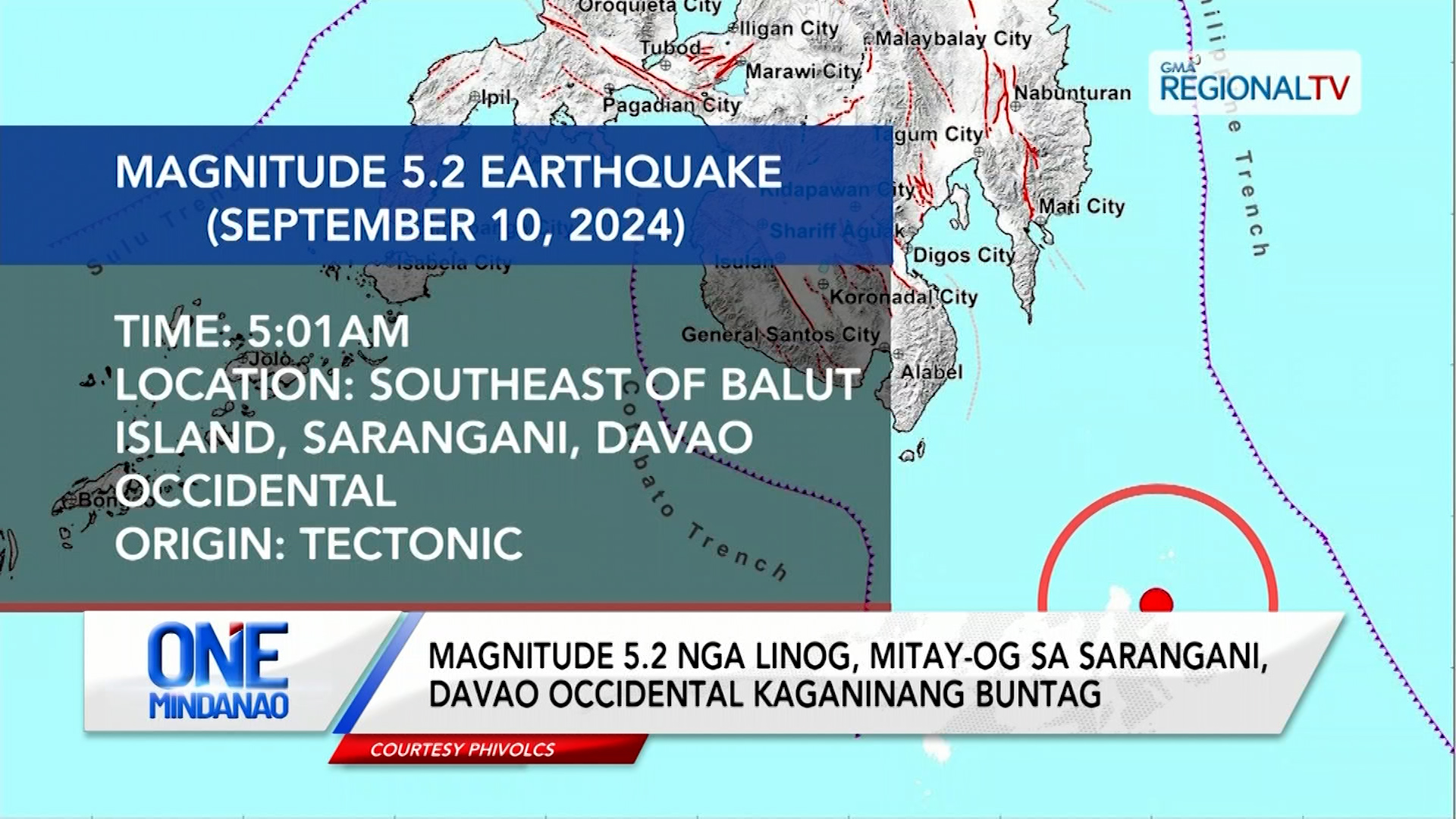 Magnitude 5.2 nga linog, mitay-og sa Sarangani, Davao Occidental
