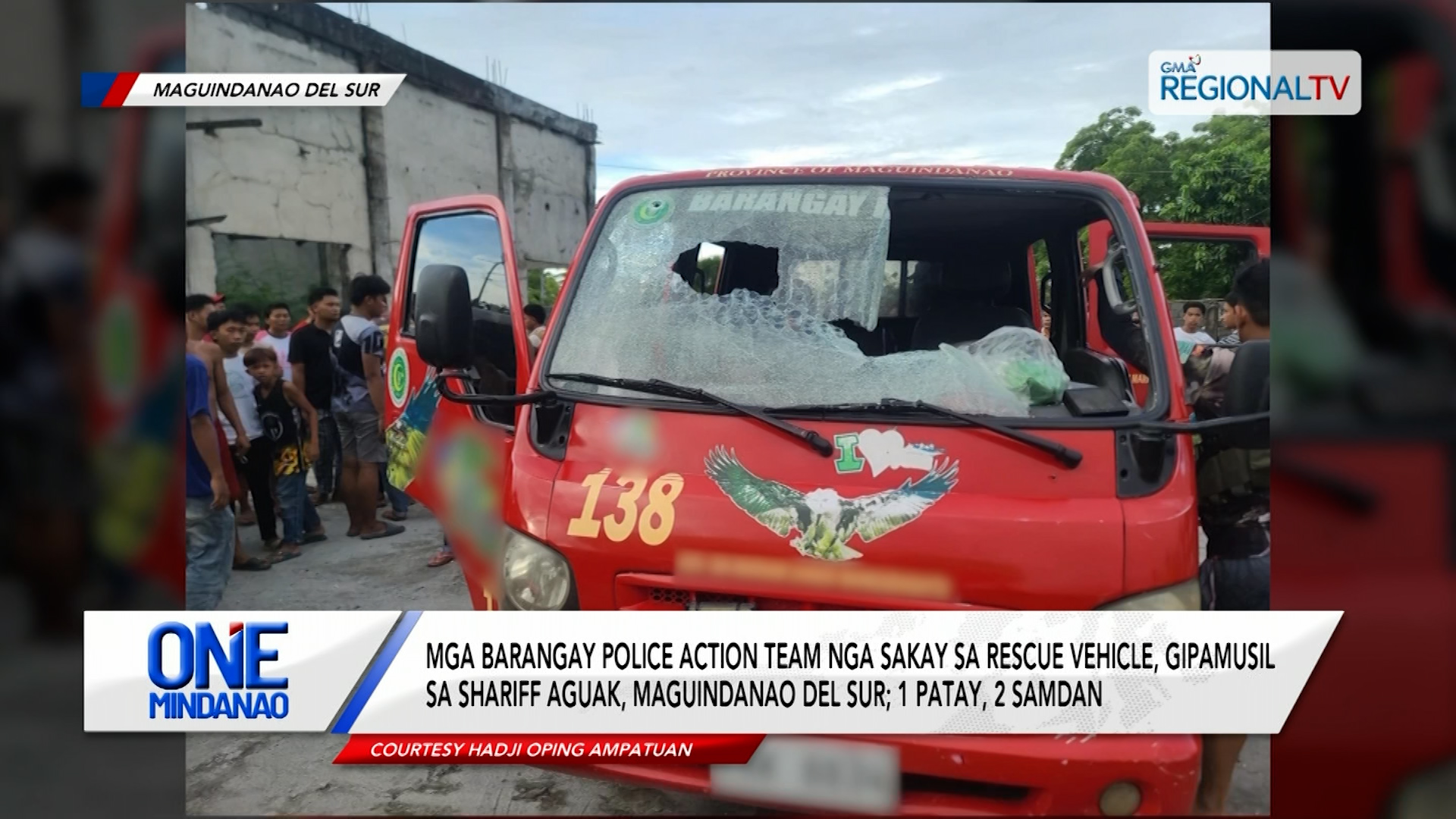 Mga barangay police action team nga sakay sa rescue vehicle, gipamusil