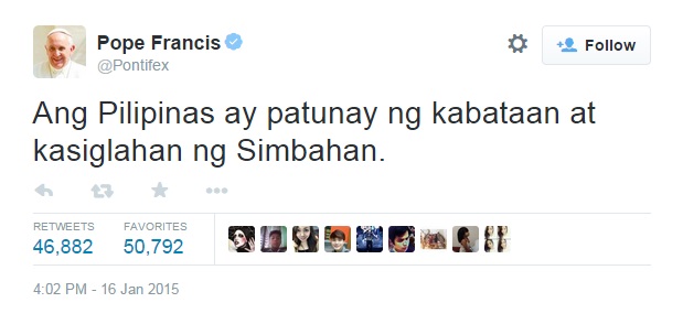 Message in Filipino is Pope Francis' most popular tweet ever | GMA News ...