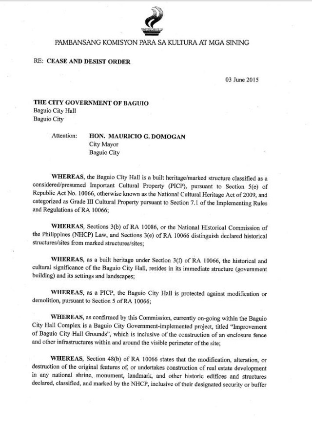 NCCA issues cease and desist order vs. Baguio City Hall improvement ...