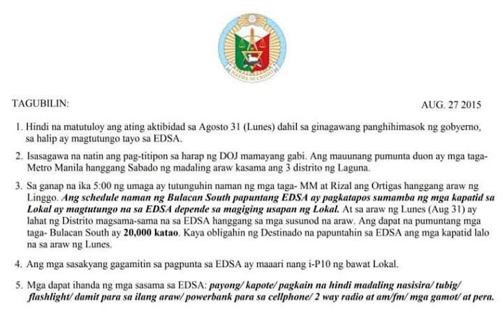 Iglesia disowns 'tagubilin' telling members to hold EDSA protest until ...