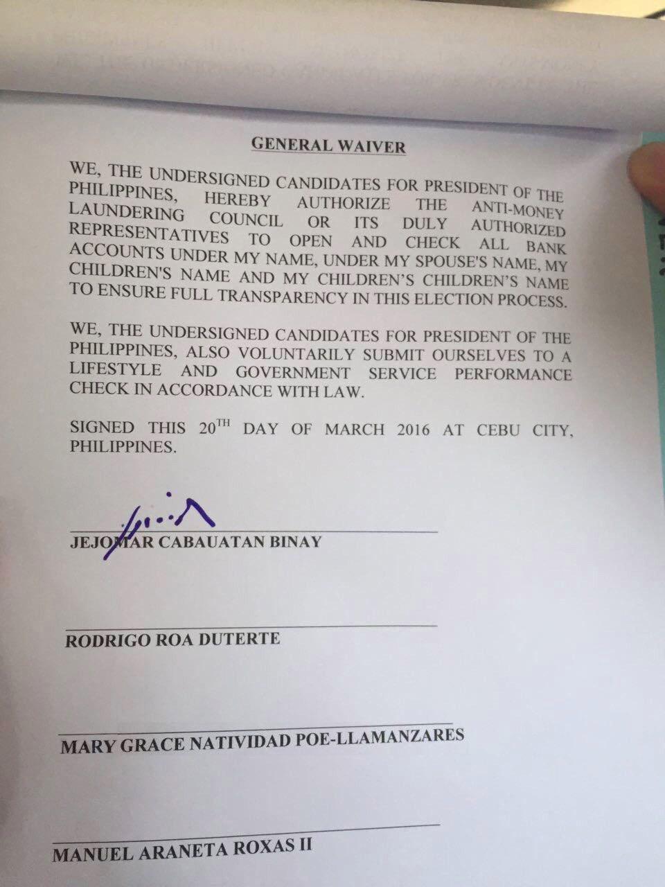 VP Binay dares rivals to sign this waiver of bank secrecy rights | GMA ...