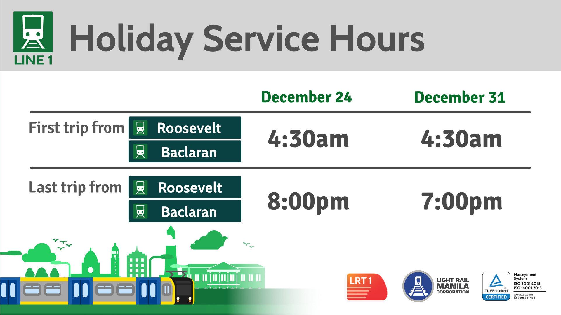 LRT lines 1 and 2 operating schedule for Christmas, New Year holidays ...