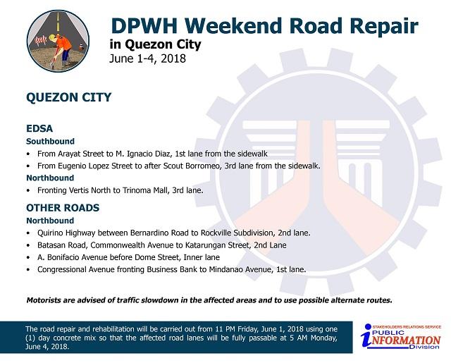 DPWH conducts road reblocking on EDSA, other QC roads June 1-4, 2018 ...