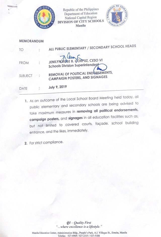 Manila school board memo vs. political signage | GMA News Online