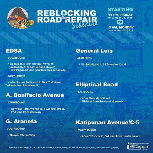 Road reblocking and repair schedule for November 22-25, 2019 | GMA News ...