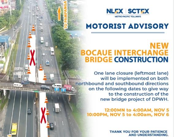 Two NLEX lanes to be closed temporarily on Nov. 5-6, 2019 for bridge ...
