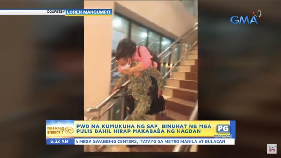 Policeman assists PWD woman on her way to claim financial aid from ...