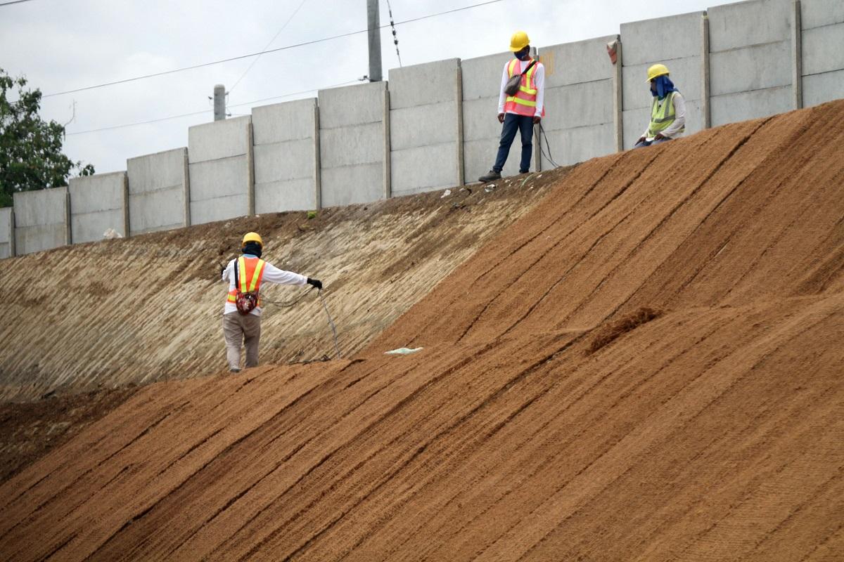 Workers lay abaca mats to stop erosion at CALAX | Photos | GMA News Online
