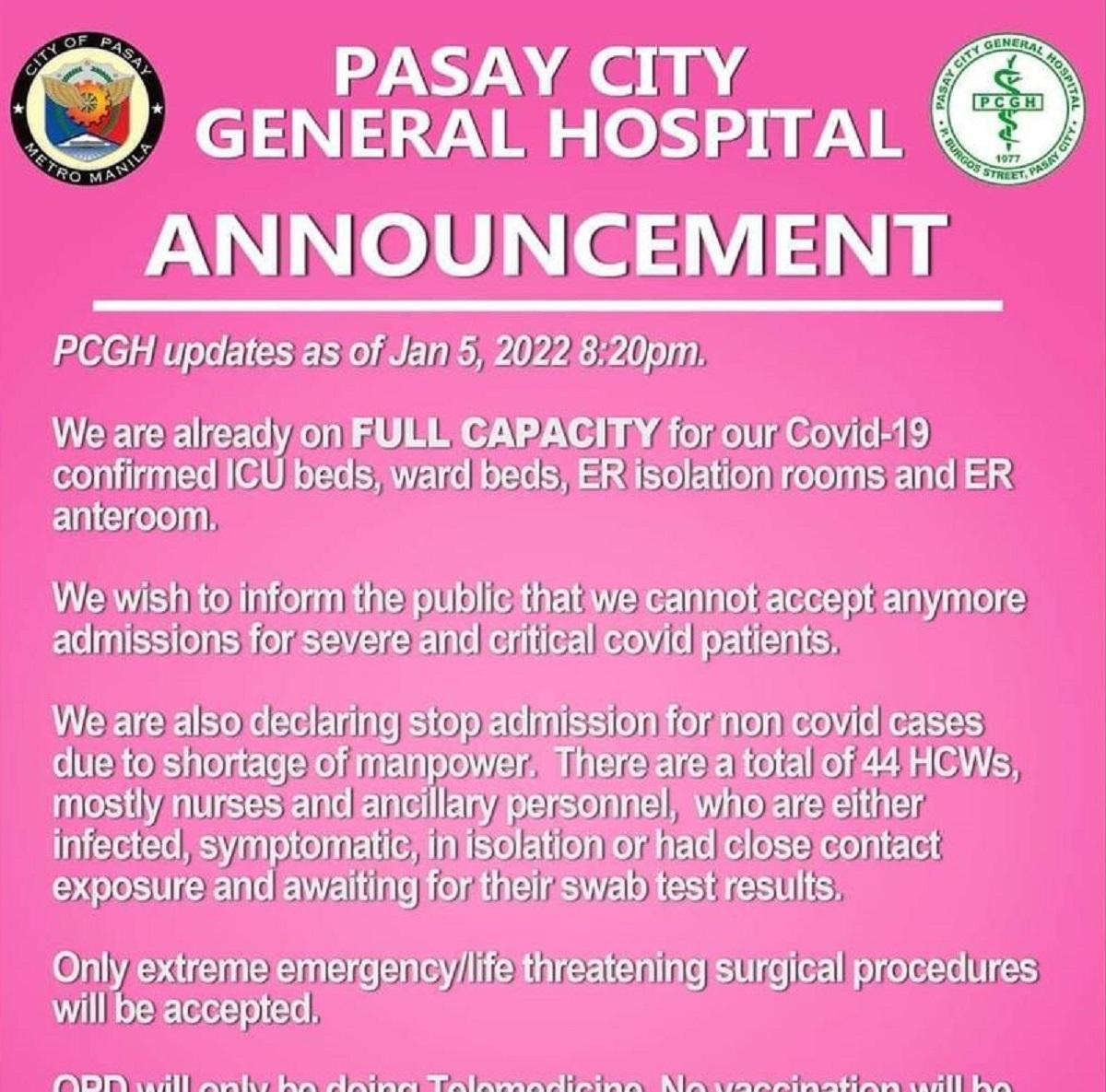 Pasay City General Hospital reaches full capacity due to rise in COVID ...