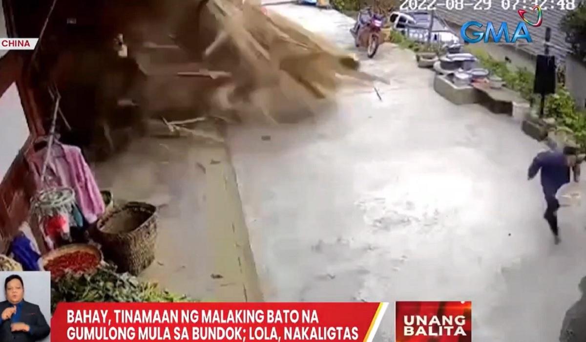 Bahay, tinamaan ng malaking bato na gumulong; may-ari na lola ...