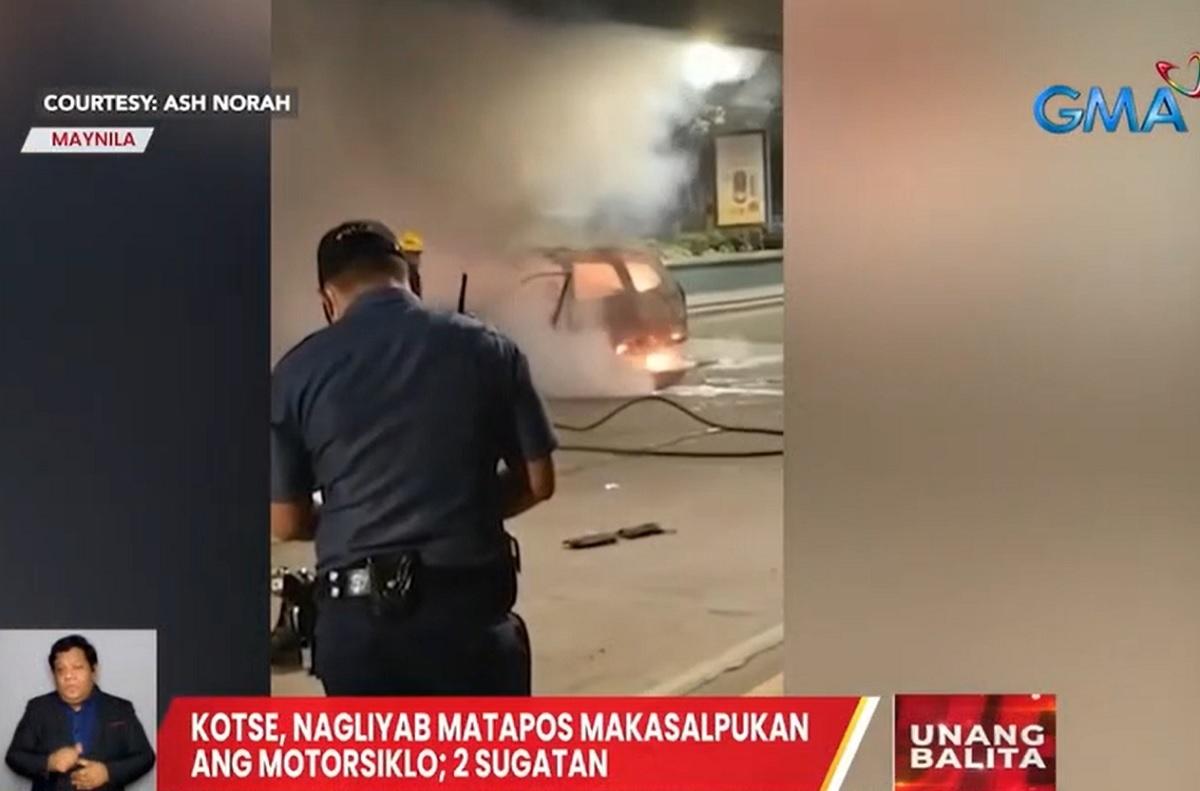 2 sugatan sa banggaan ng kotse at motor sa Maynila; sasakyan, nagliyab ...