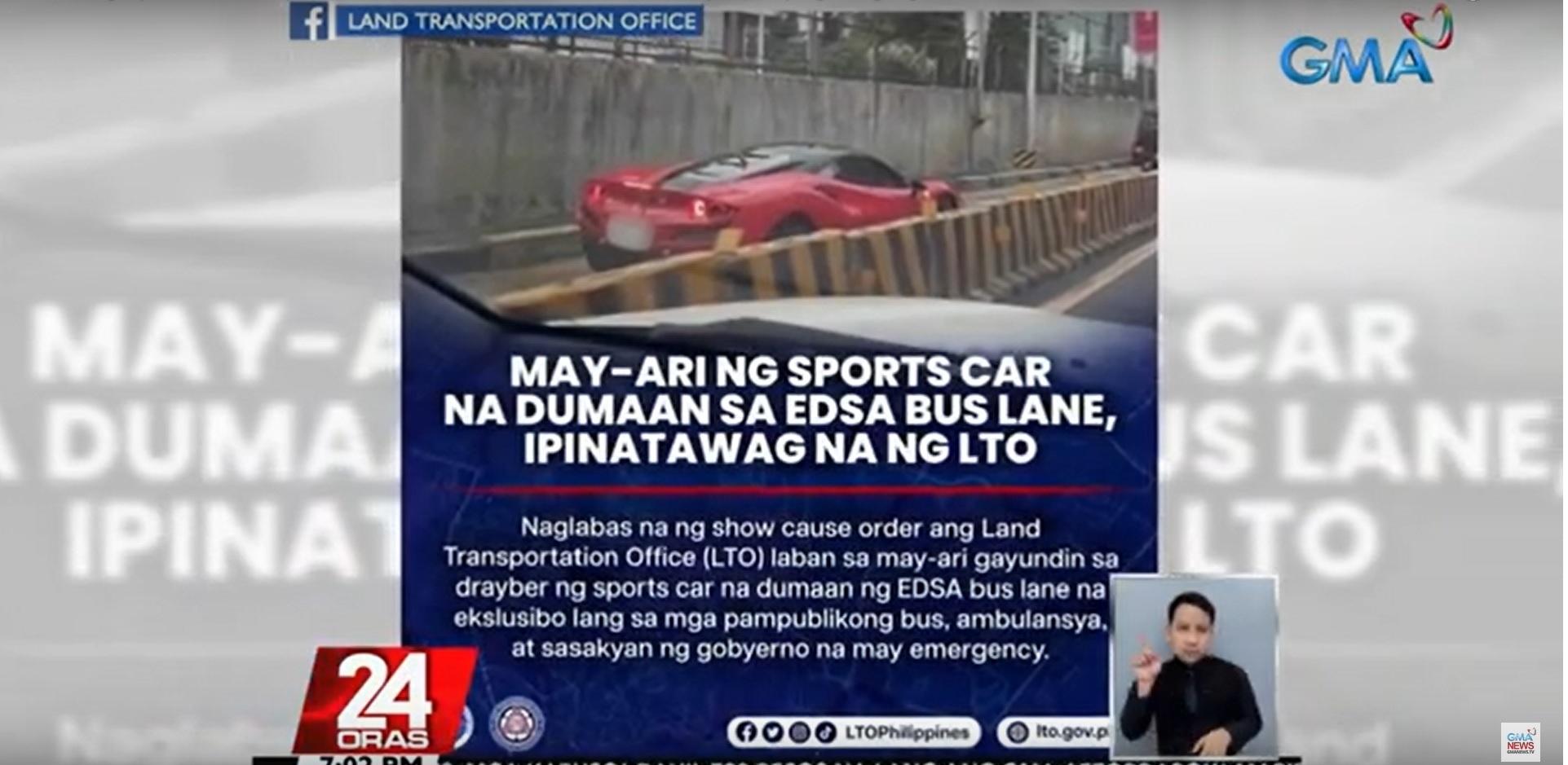 Motorist who allegedly drove sports car along EDSA bus lane ignores LTO ...