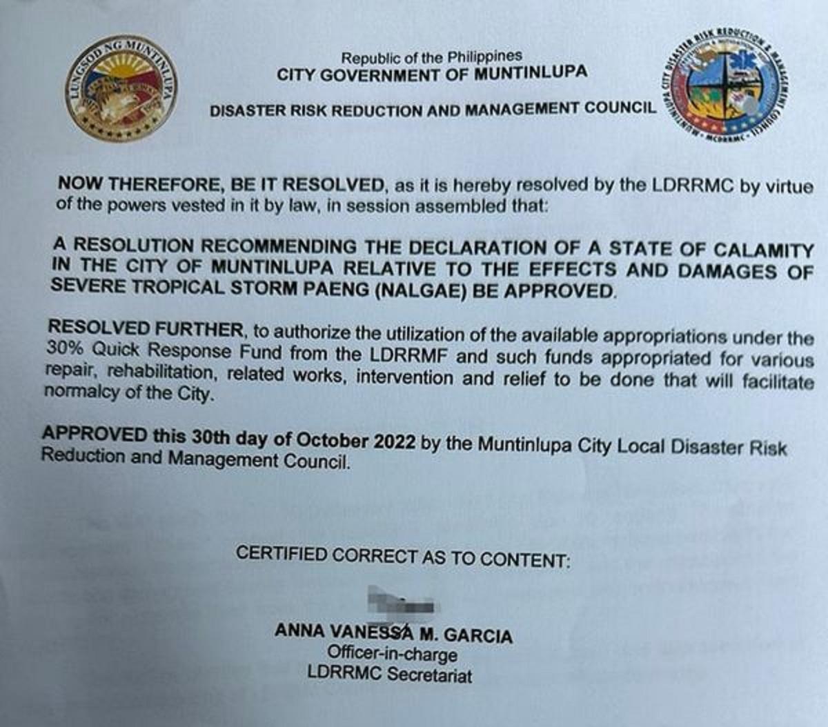 Muntinlupa placed under state of calamity due to Paeng | GMA News Online