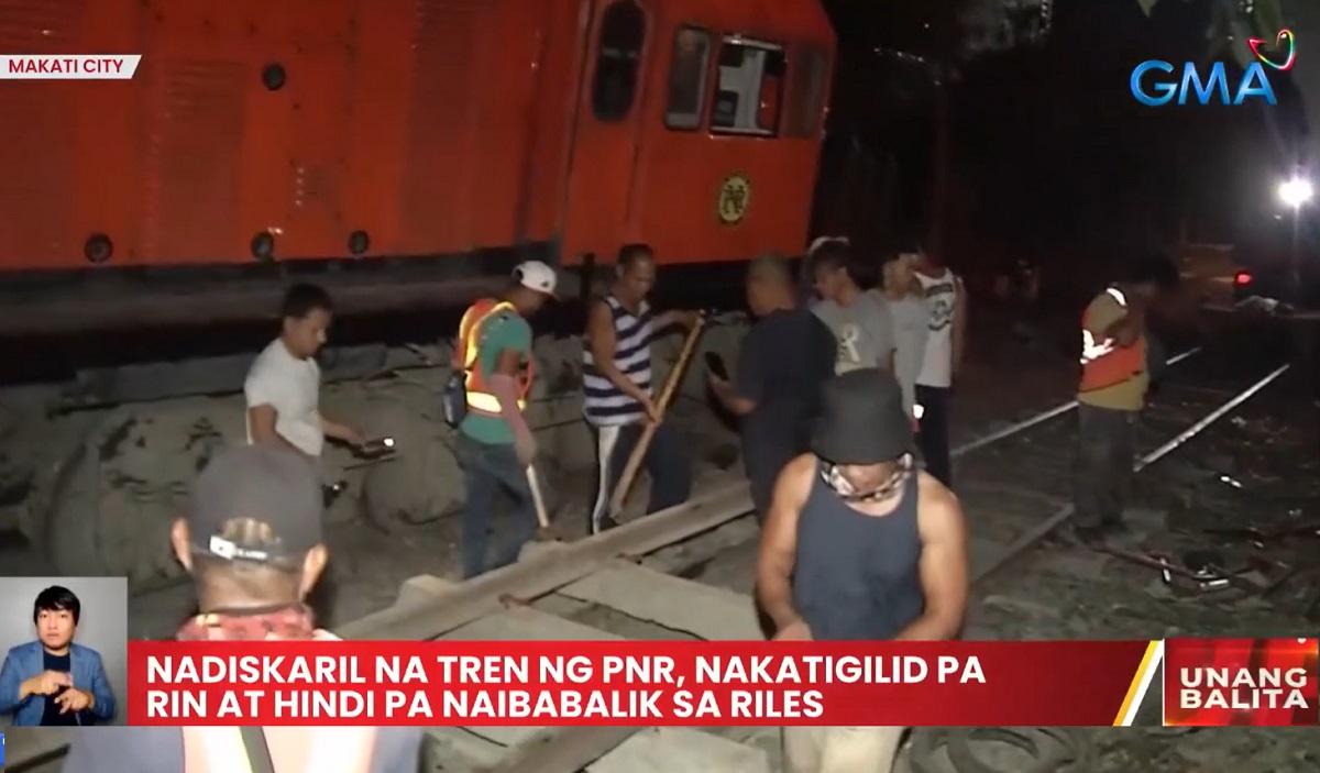 Nadiskaril na tren ng PNR sa Makati, nananatiling nakatagilid at hindi ...