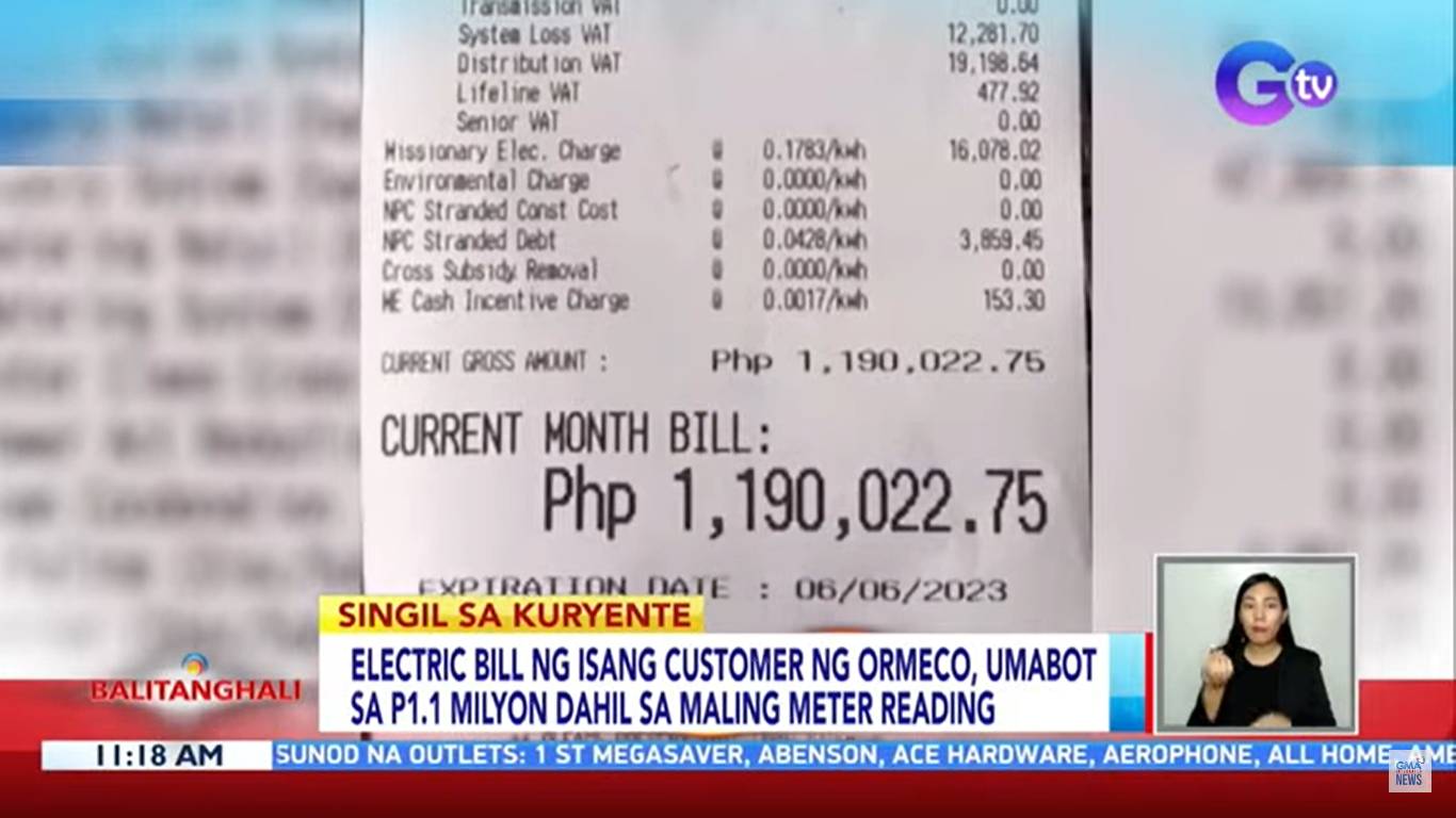 Bill sa kuryente ng customer ng ORMECO, umabot sa P1.1M dahil sa maling ...