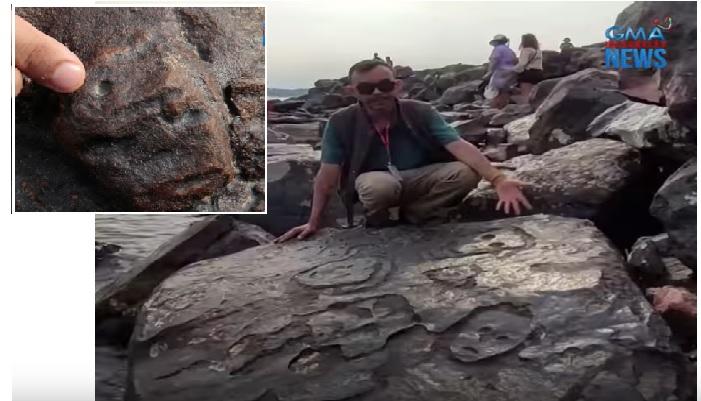 Mga bato na may nakaukit na mga mukha, iniluwa ng natuyong bahagi ng ...