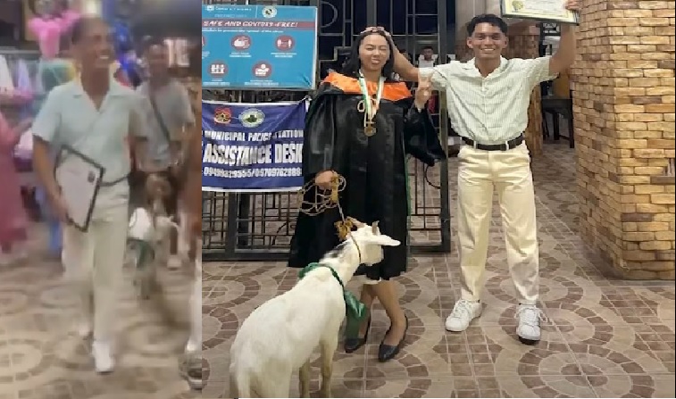 Babaeng nagtapos na cum laude, niregaluhan ng kambing ng kaniyang nobyo ...