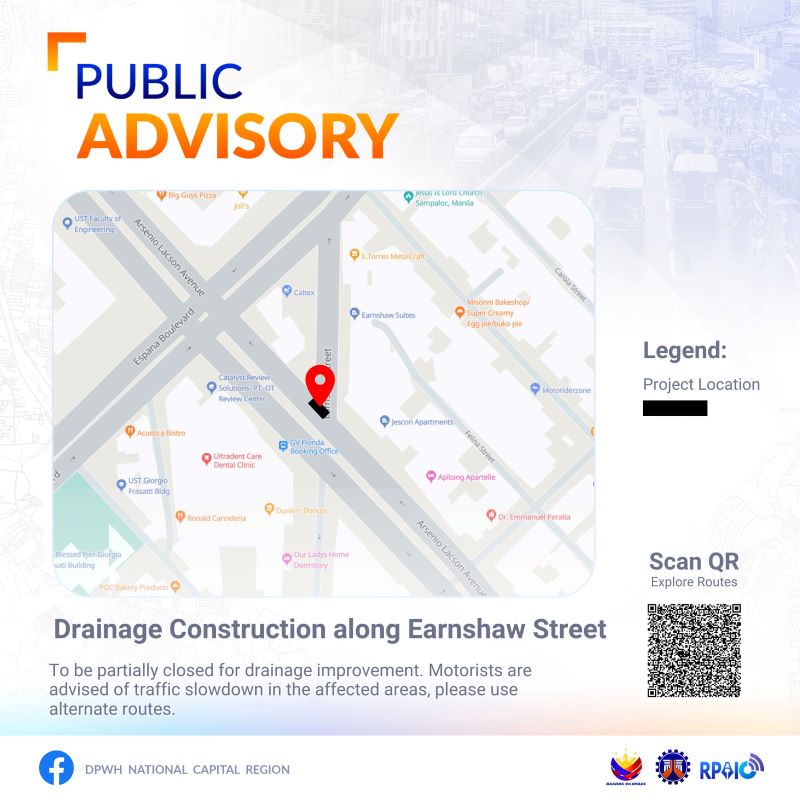 DPWH: Partial road closure on Earnshaw St., Manila due to drainage ...