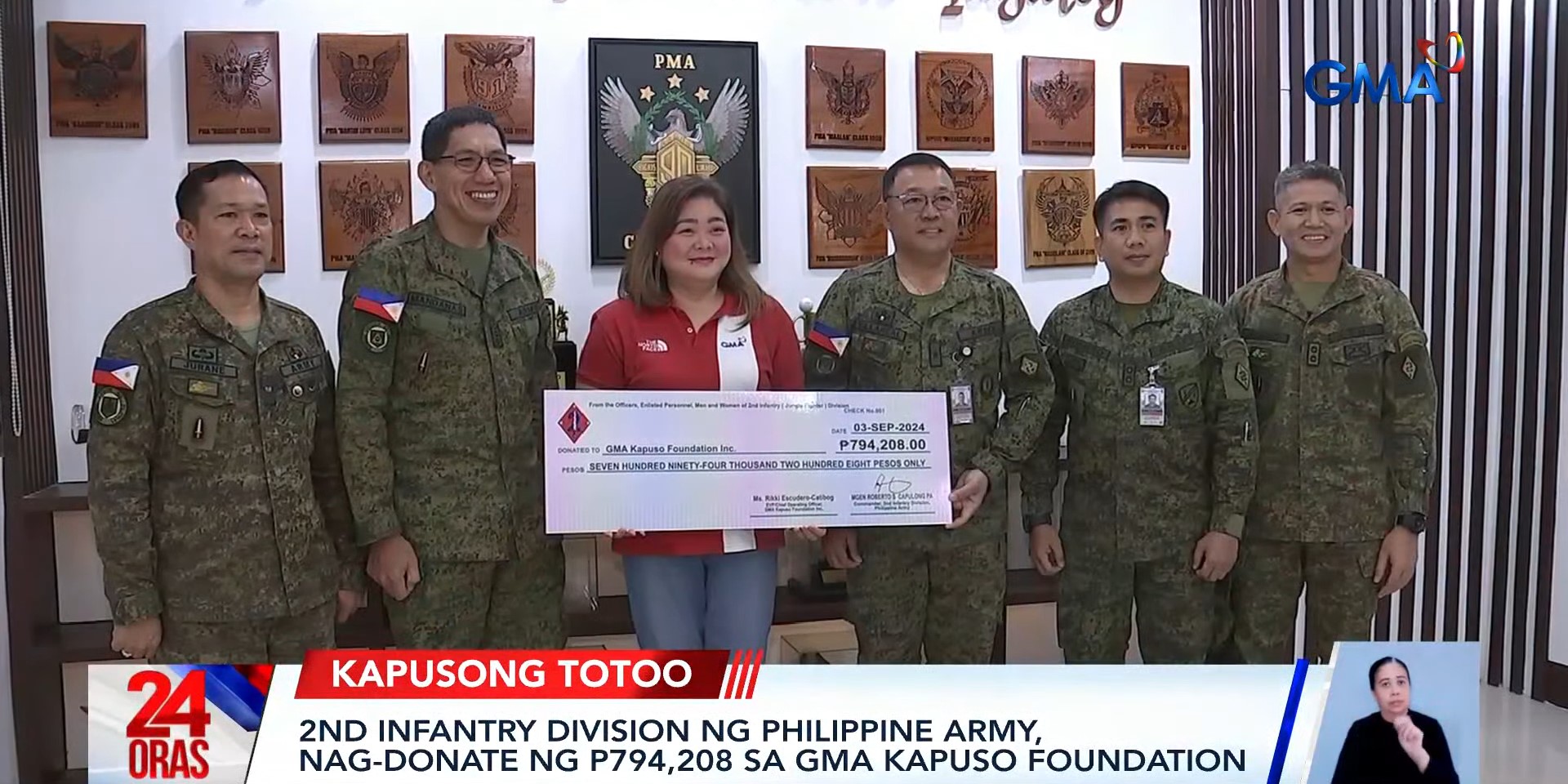 PH Army's 2ID donates nearly P800K to GMA Kapuso Foundation for Enteng ...